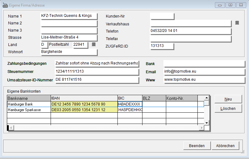 Bankverbindungen anlegen – TOPMOTIVE